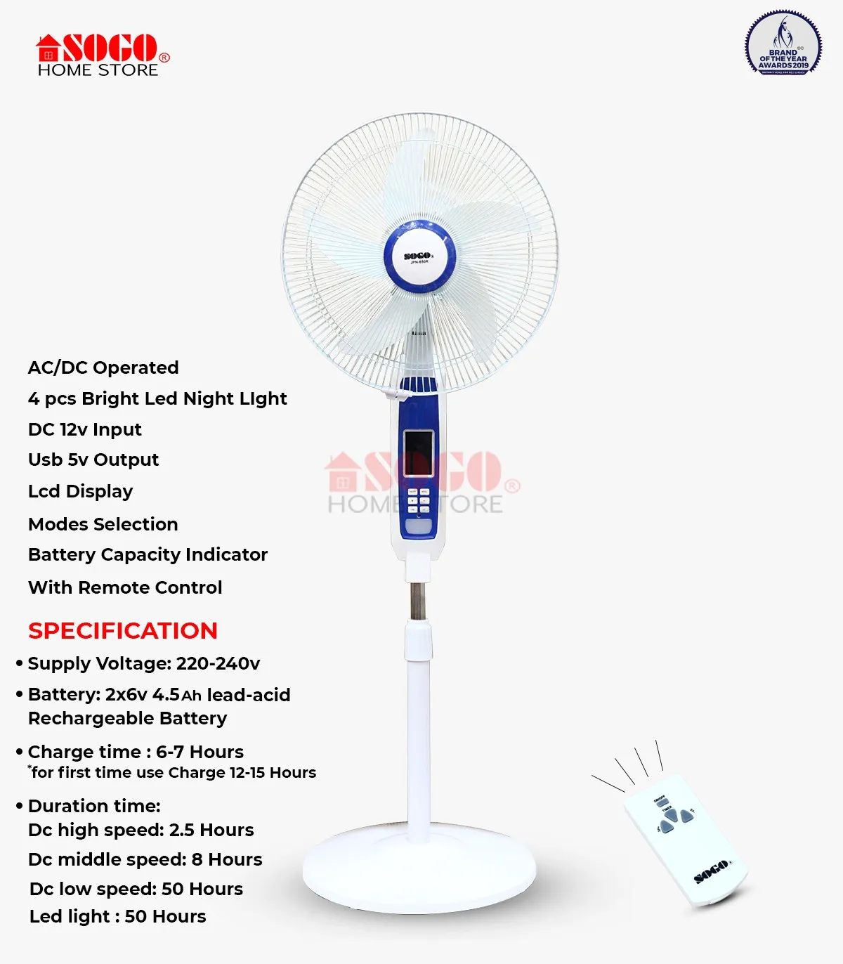 Sogo Rechargeable Floor Fan Model JPN-650R
