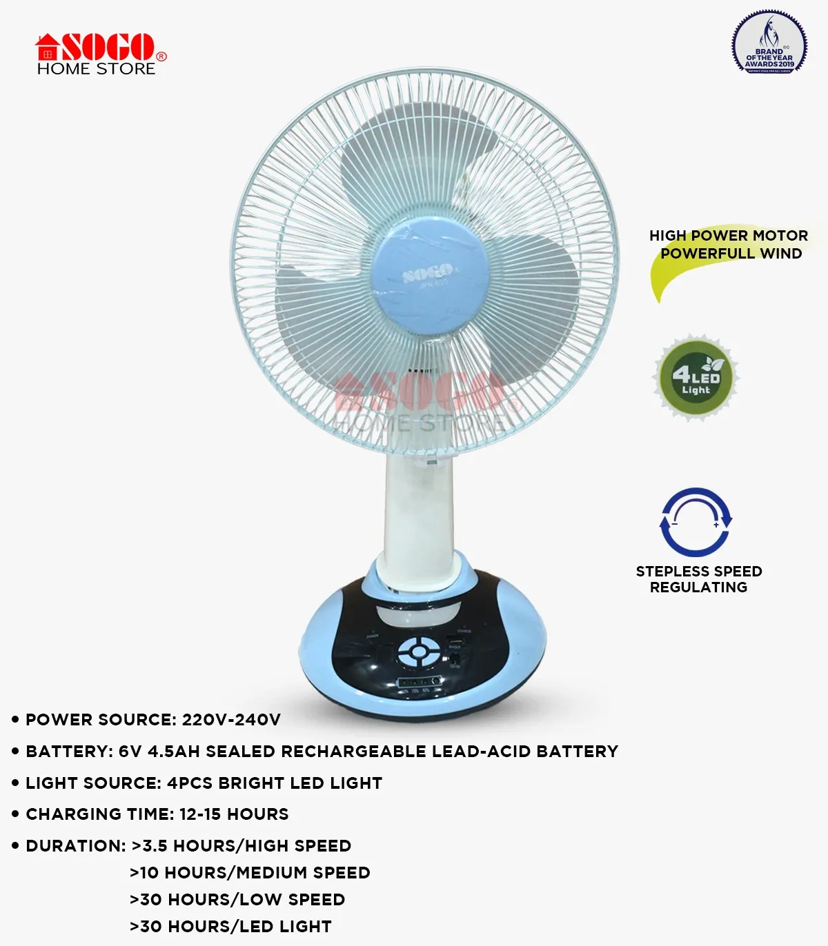 Sogo Rechargeable Table/Desk Fan Model JPN-630