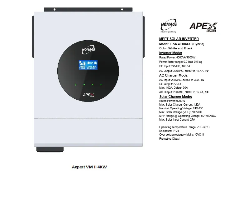 Homage Apex Hybrid Inverter Series HAS4018SCC 4000VA/4000Wt/24VDC ...
