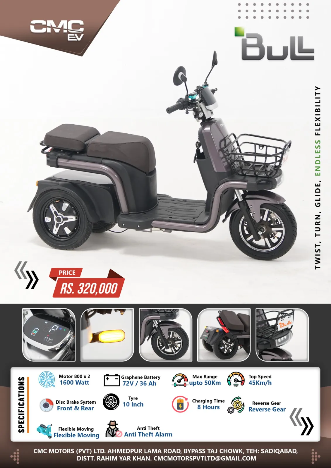 3 Wheel Electric Scooter BULL 1600 by Crown Motors | AlfaMall