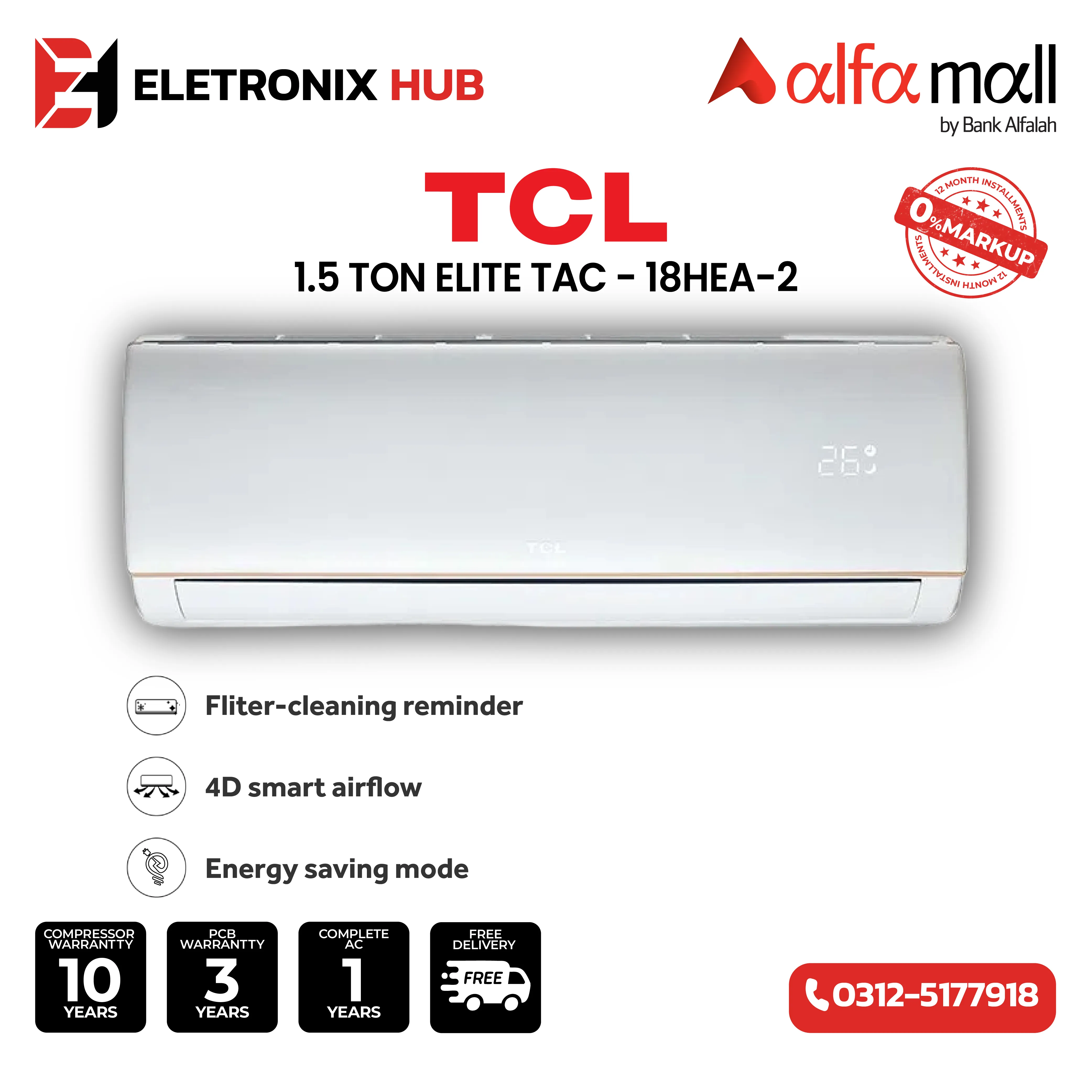 TCL 1.5 Ton Inverter AC (Heat & Cool) Elite Series 18HEA-2