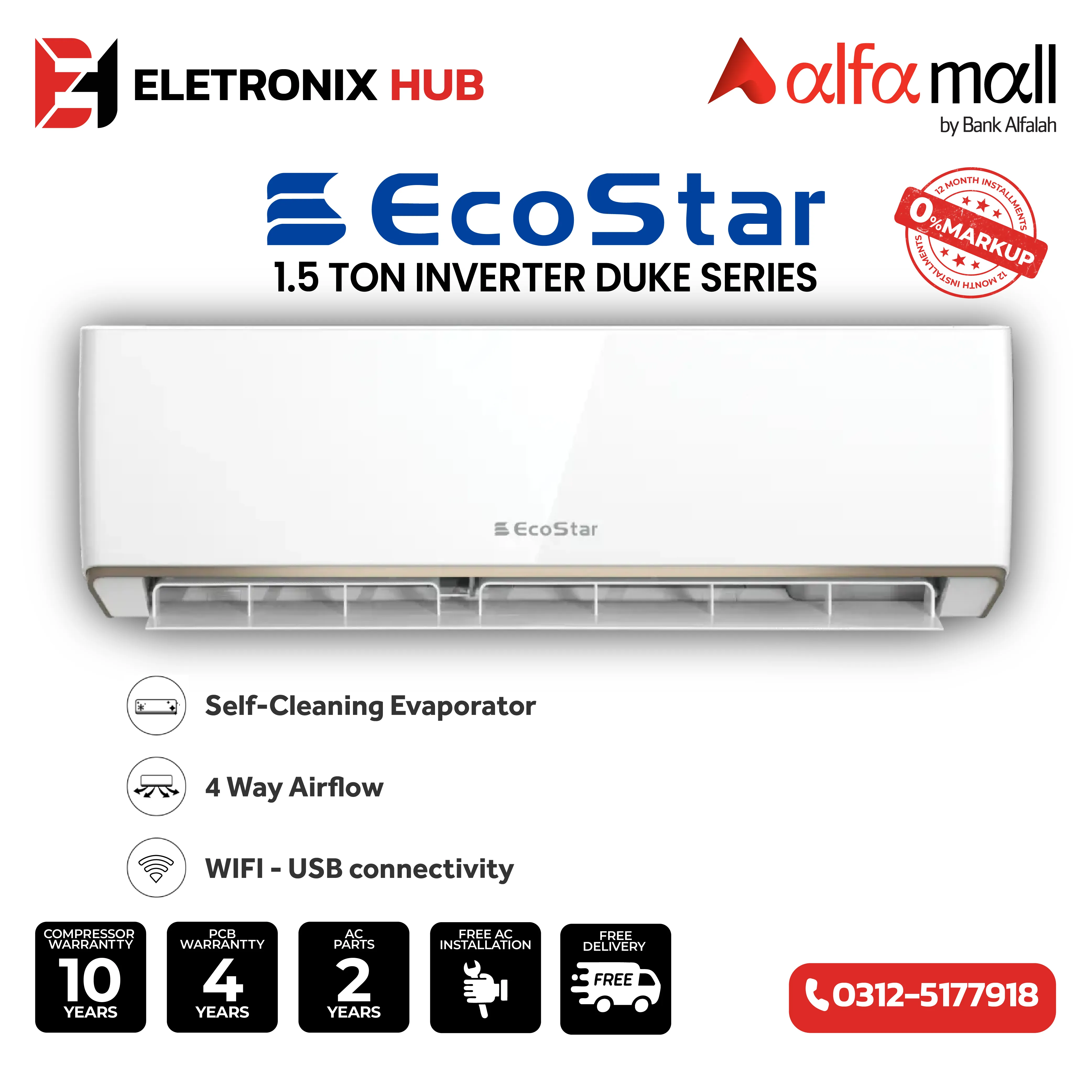 Ecostar 1.5 Ton Inverter AC (Heat & Cool) Emperor/Duke Series ES-18DU/EM