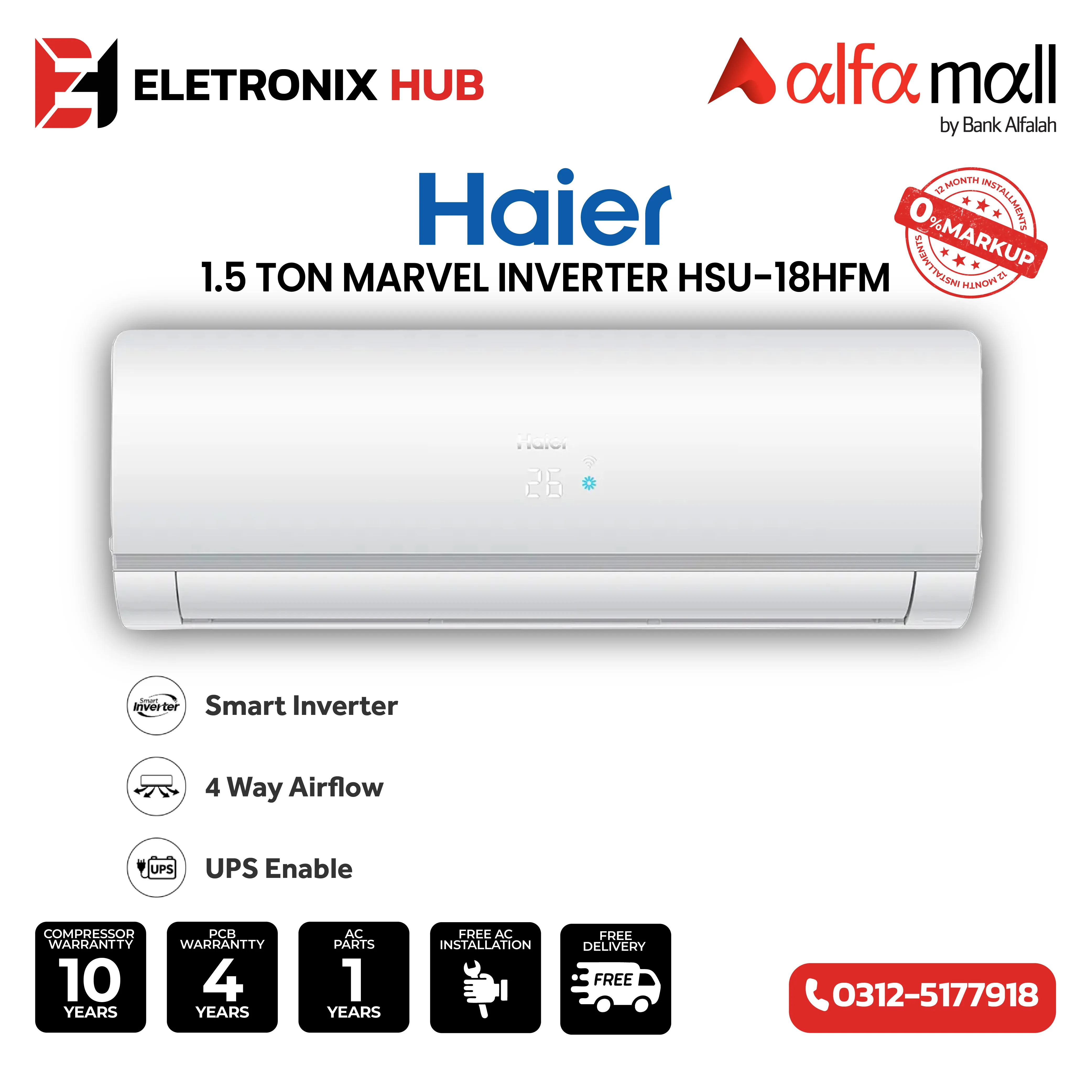 Haier 1.5 Ton Inverter AC (Heat & Cool) Marvel Inverter HSU-18HFM