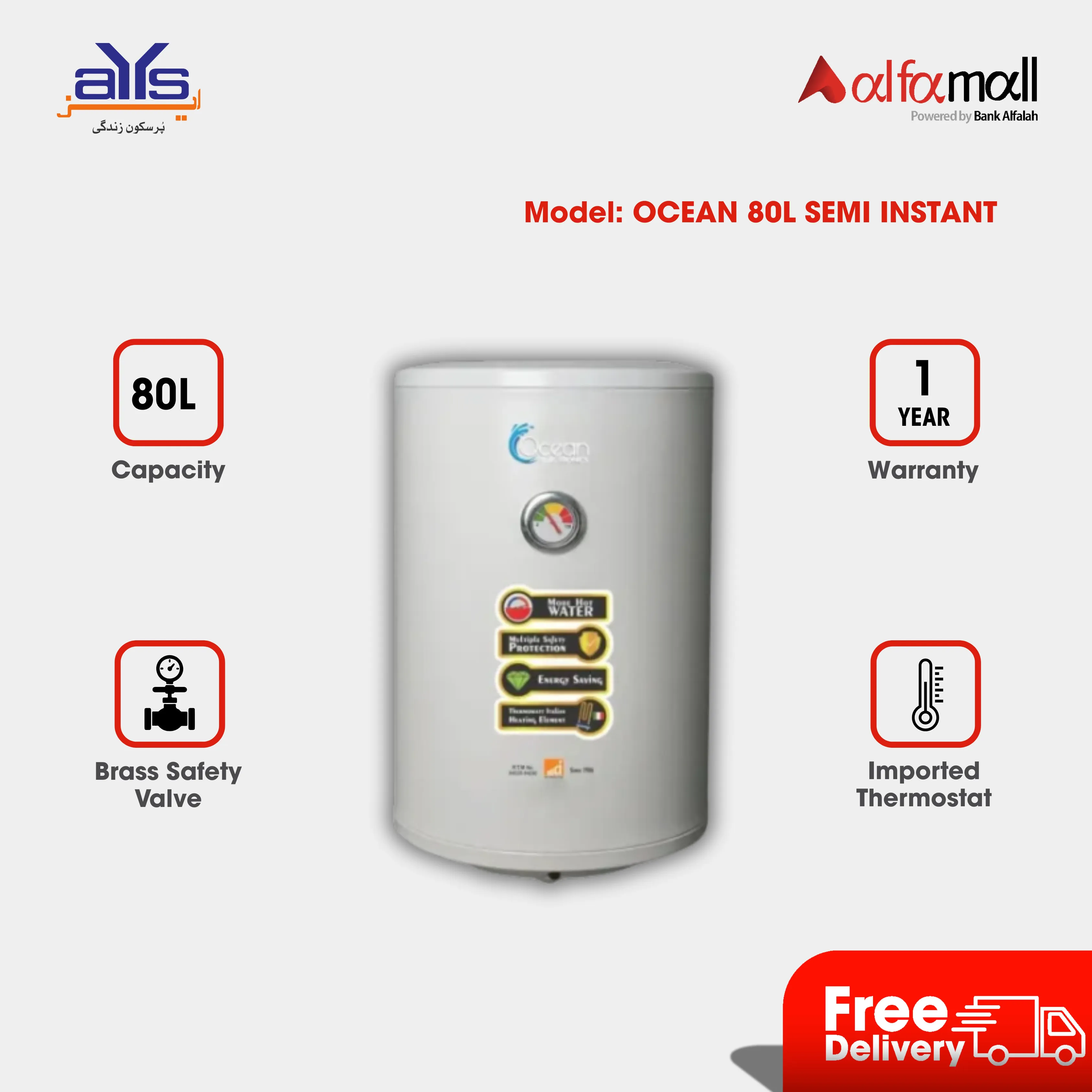 Ocean 80 Litres Semi Electric Geyser Italian made | AlfaMall
