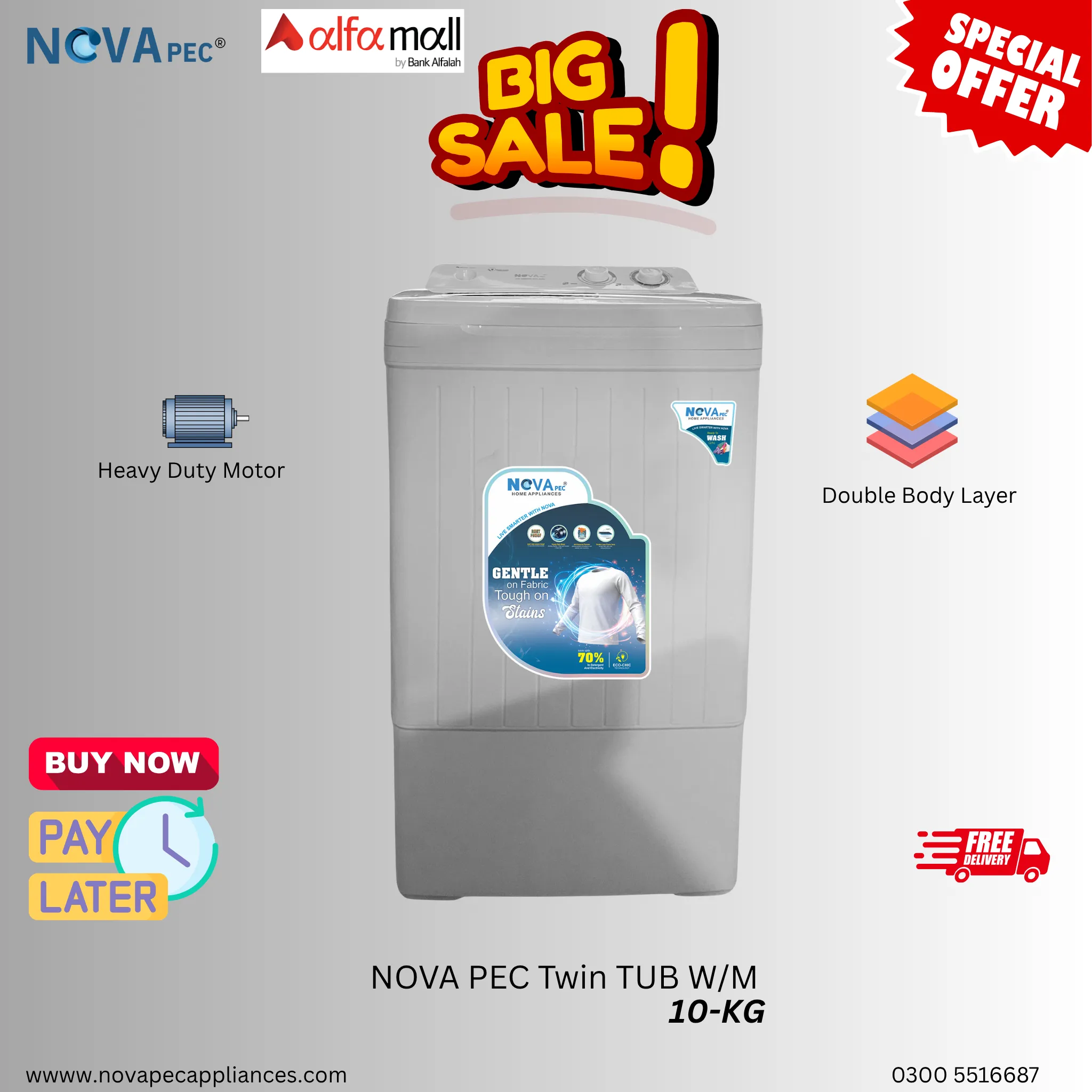 NOVA PEC Single Washer NV-1010S | Durable & Efficient-WHT
