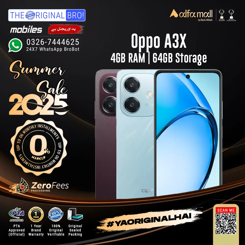 Oppo A3x | 4GB RAM - 64GB Storage | 0% Markup Installments | PTA Approved | 1 Year Official ...
