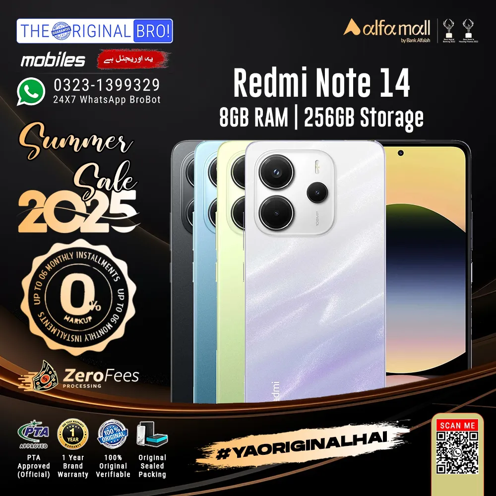 Redmi Note 14 | 256GB Storage - 8GB RAM | 0% Markup Installments | PTA Approved | 1 Year ...