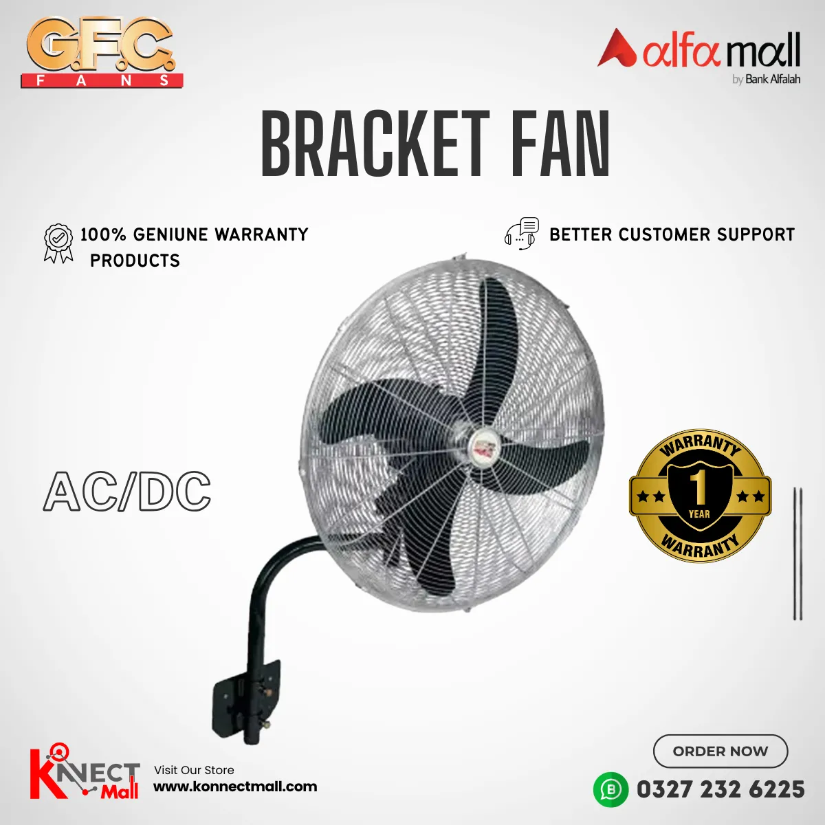 GFC AC/DC Bracket Fan 24 Mega Energy Efficient 3 Speed Button Operation ...