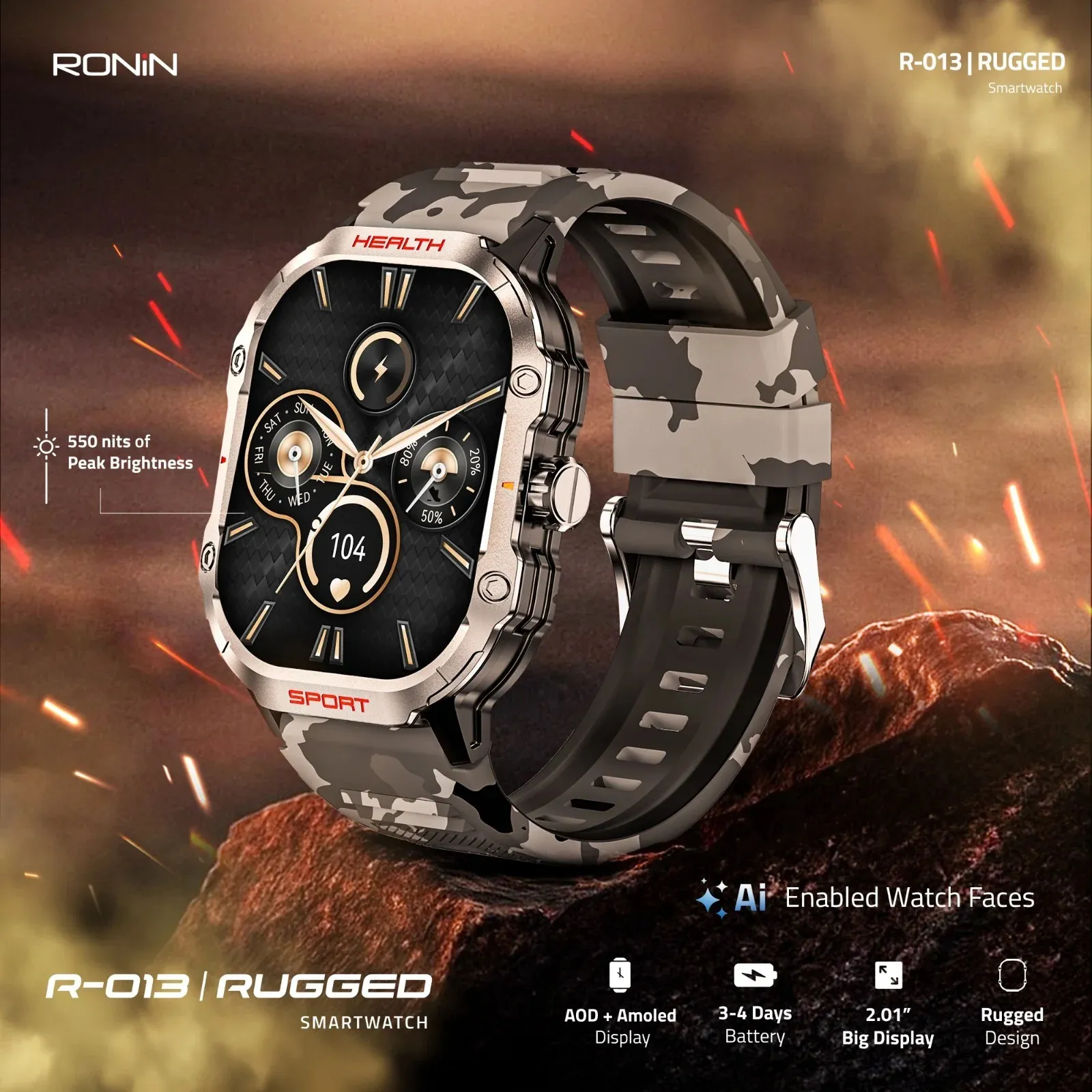 Ronin R-013 Rugged Smartwatch - Black | AlfaMall